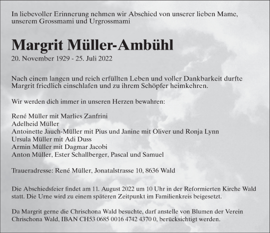 Traueranzeigen von Margrit Müller-Ambühl | zo-trauer.ch