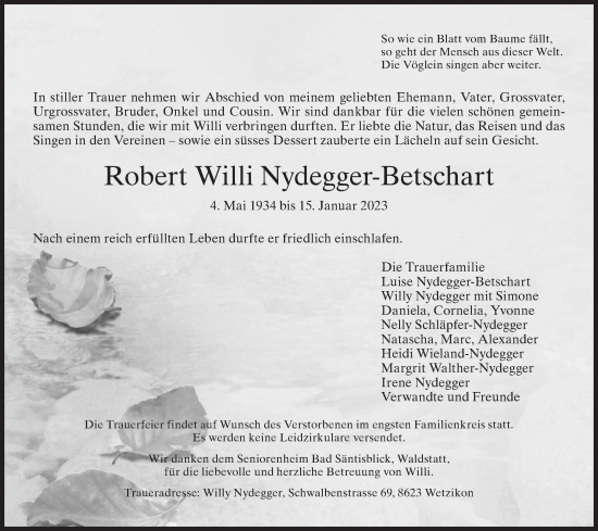 Traueranzeigen von Robert Willi Nydegger-Betschart | zo-trauer.ch