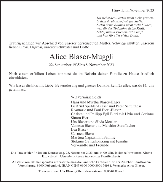 Traueranzeigen von Alice Blaser-Muggli | zo-trauer.ch