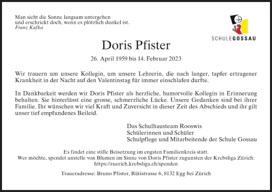 Traueranzeigen von Doris Pfister | zo-trauer.ch
