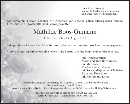 Traueranzeigen von Mathilde Boos-Gumann | zo-trauer.ch