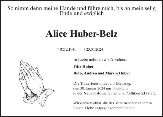 Traueranzeigen von Alice Huber-Belz | zo-trauer.ch