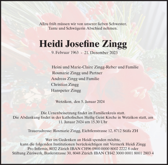 Traueranzeigen von Heidi Josefine Zingg | zo-trauer.ch