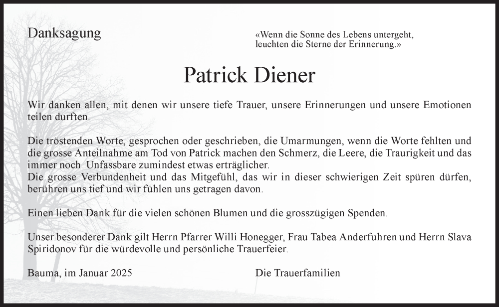 Traueranzeigen von Patrick Diener | zo-trauer.ch