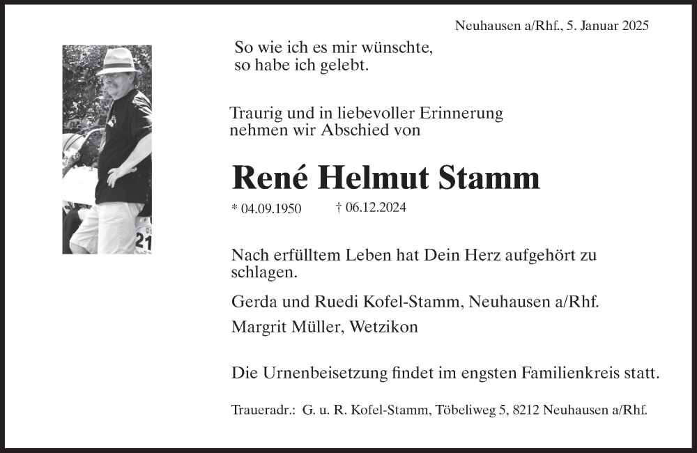 Traueranzeigen von Rene Helmut Stamm | zo-trauer.ch