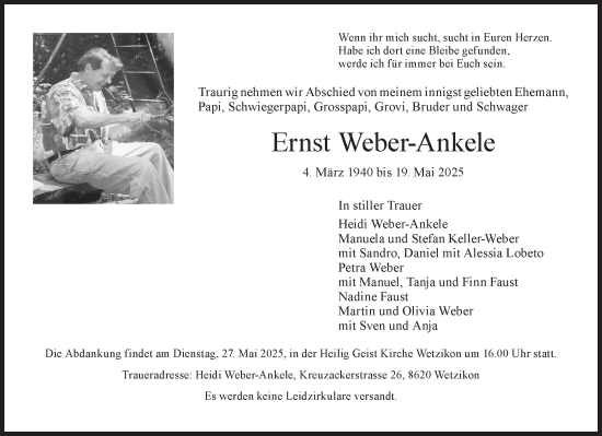 Traueranzeigen von Ernst Weber-Ankele | zo-trauer.ch