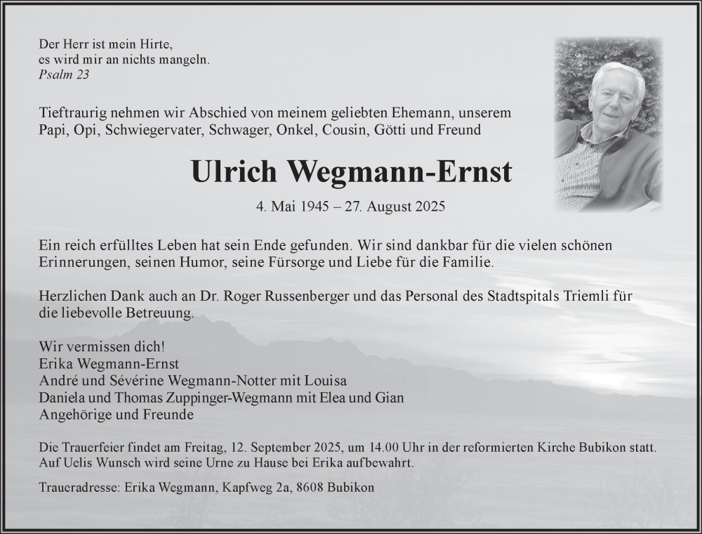 Traueranzeigen von Ulrich Wegmann-Ernst | zo-trauer.ch